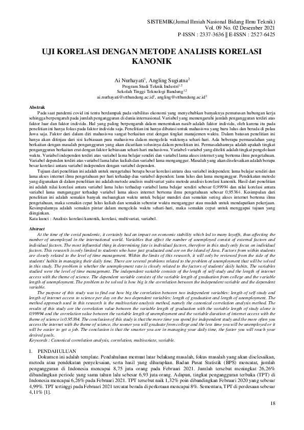 (PDF) Uji Korelasi Dengan Metode Analisis Korelasi Kanonik