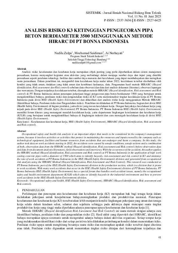 (PDF) Analisis Risiko K3 Ketinggian Pengecoran Pipa Beton Berdiameter 3500 Menggunakan Metode ...