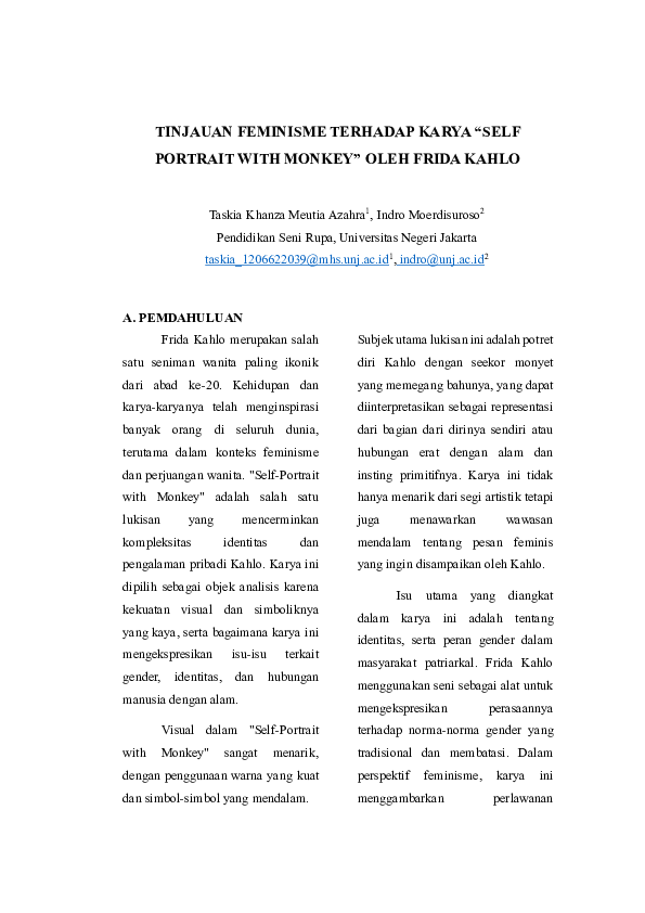 (PDF) TINJAUAN FEMINISME TERHADAP KARYA "SELF PORTRAIT WITH MONKEY ...