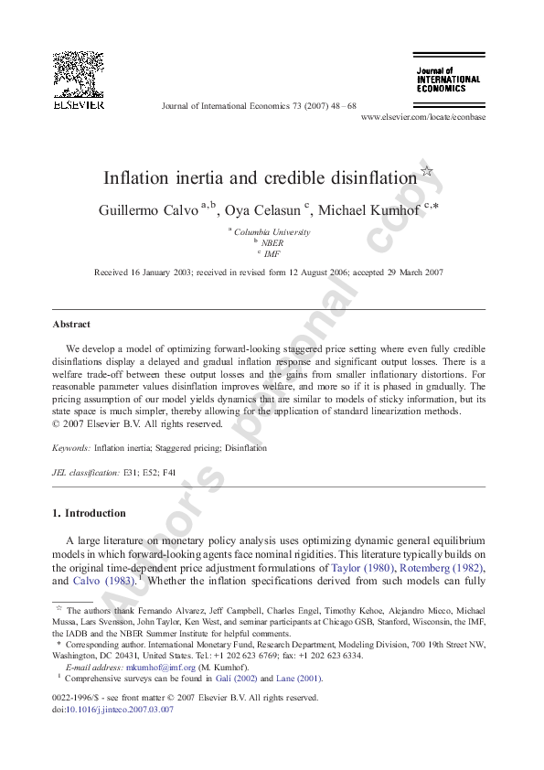 (PDF) Inflation inertia and credible disinflation