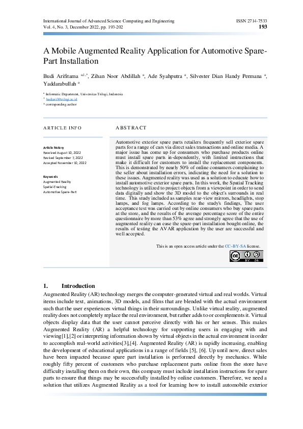 (PDF) A Mobile Augmented Reality Application for Automotive Sparepart Installation