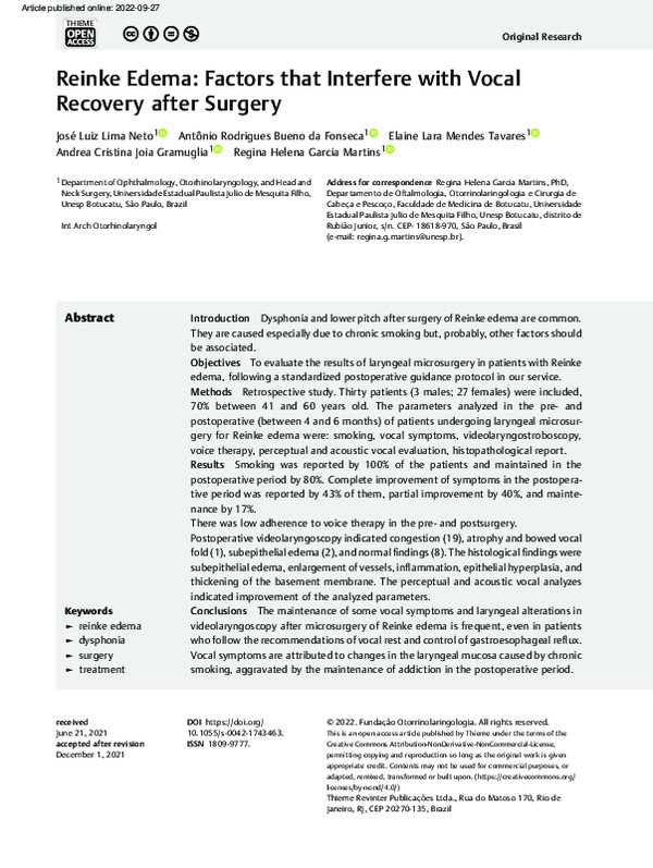 (PDF) Reinke Edema: Factors that Interfere with Vocal Recovery after Surgery