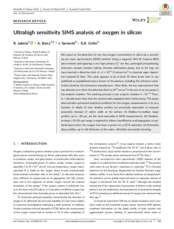 (PDF) Ultrahigh sensitivity SIMS analysis of oxygen in silicon
