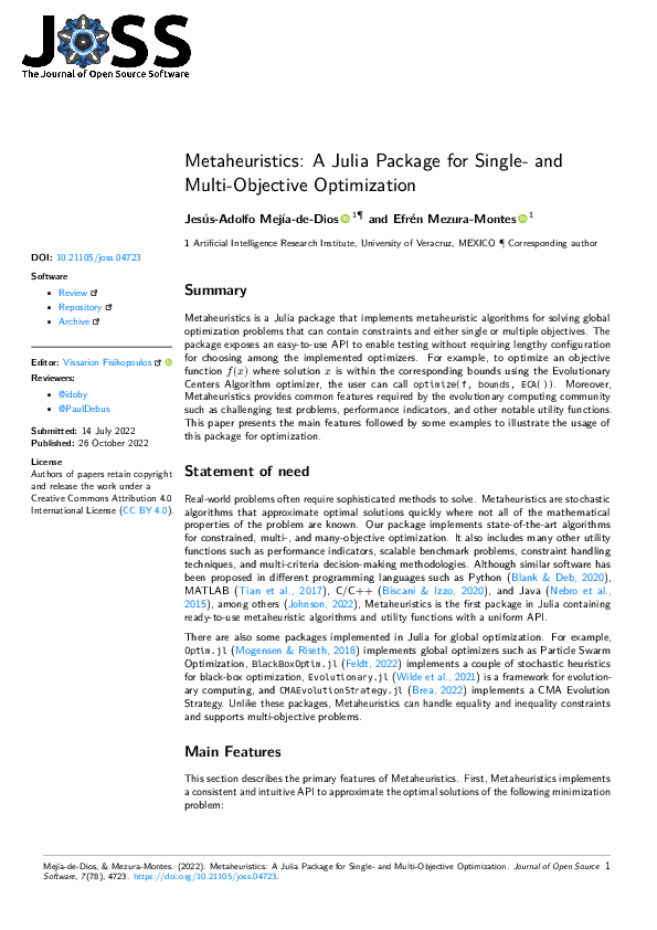 (PDF) Metaheuristics: A Julia Package for Single- and Multi-Objective Optimization