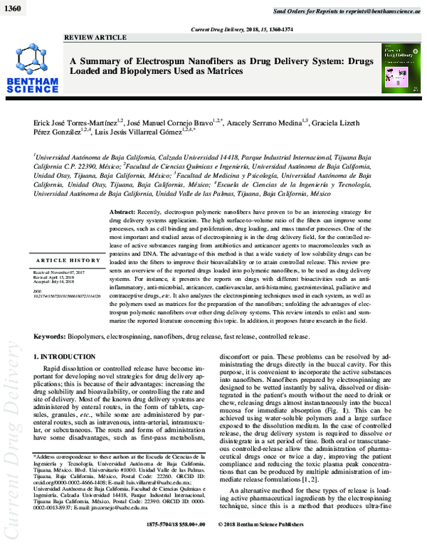 (PDF) A Summary of Electrospun Nanofibers as Drug Delivery System: Drugs Loaded and Biopolymers ...
