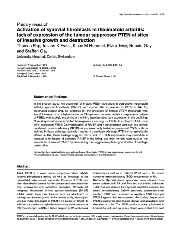 (PDF) Activation of synovial fibroblasts in rheumatoid arthritis