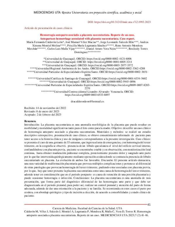(PDF) Hemorragia anteparto asociada a placenta succenturiata. Reporte ...