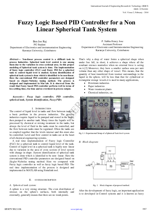 Pdf Fuzzy Logic Based Pid Controller For A Non Linear Spherical Tank