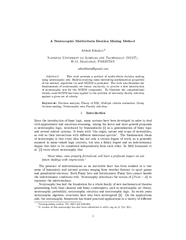 (PDF) A Neutrosophic Multi-Criteria Decision Making Method | Athar Kharal II - Academia.edu