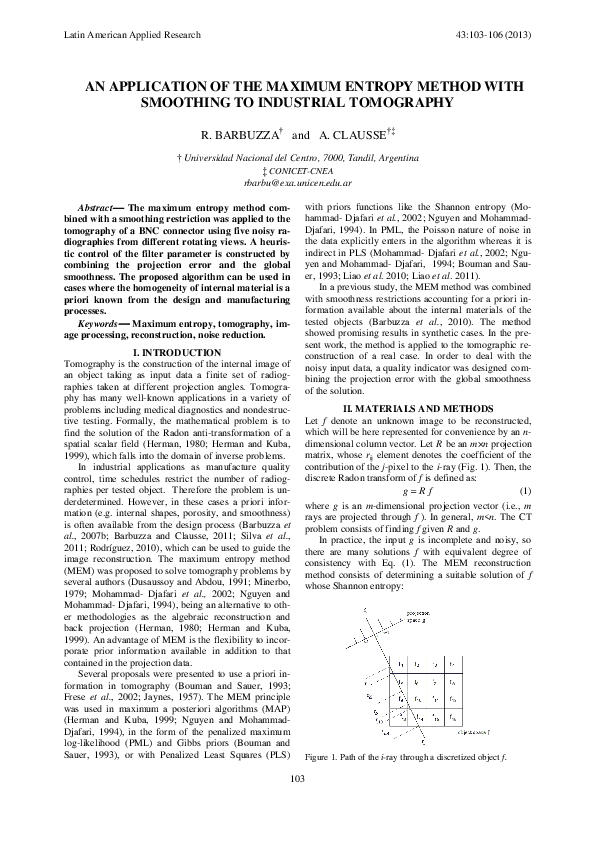 (PDF) An application of the maximum entropy method with smoothing to industrial tomography