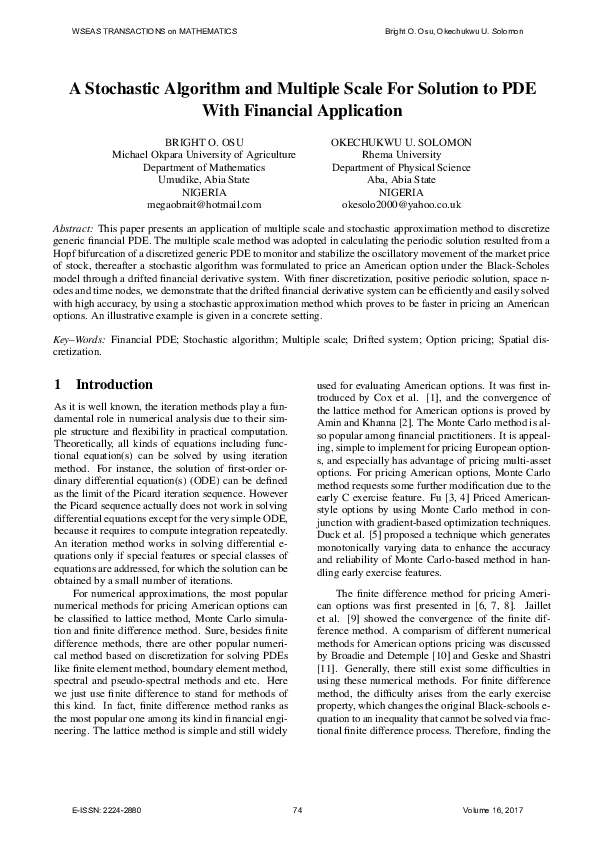 (PDF) A Stochastic Algorithm and Multiple Scale for Solution to PDE With Financial Application