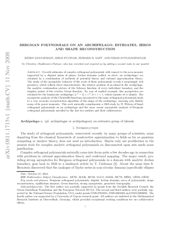 (PDF) Bergman polynomials on an archipelago: Estimates, zeros and shape ...
