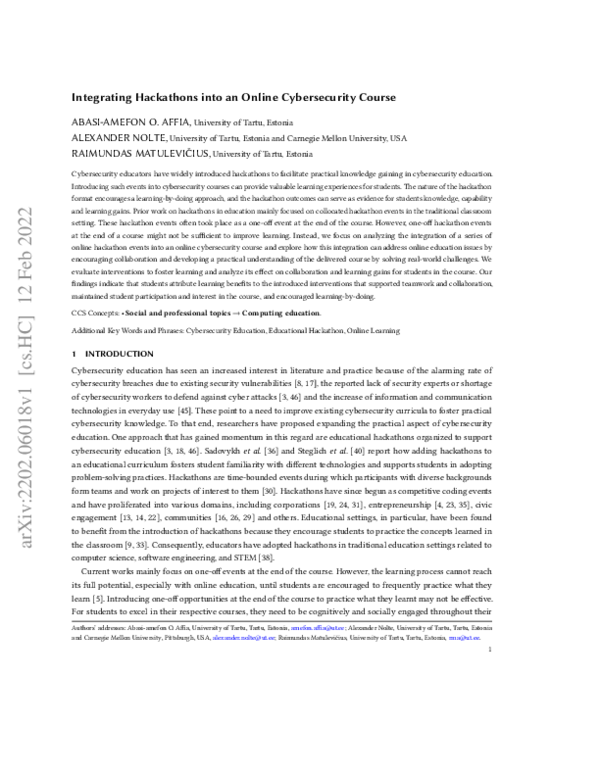 (PDF) Integrating Hackathons into an Online Cybersecurity Course