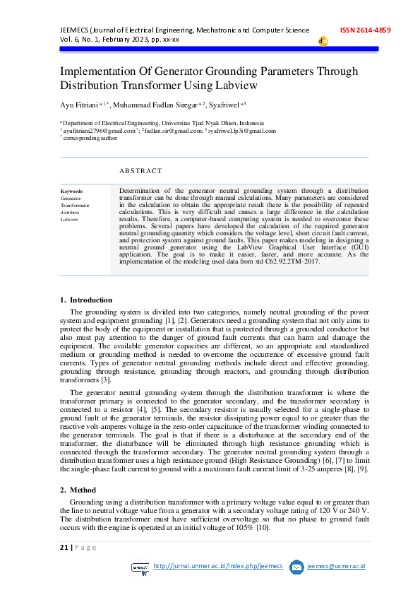 (PDF) Implementation Of Generator Grounding Parameters Through Distribution Transformer Using ...
