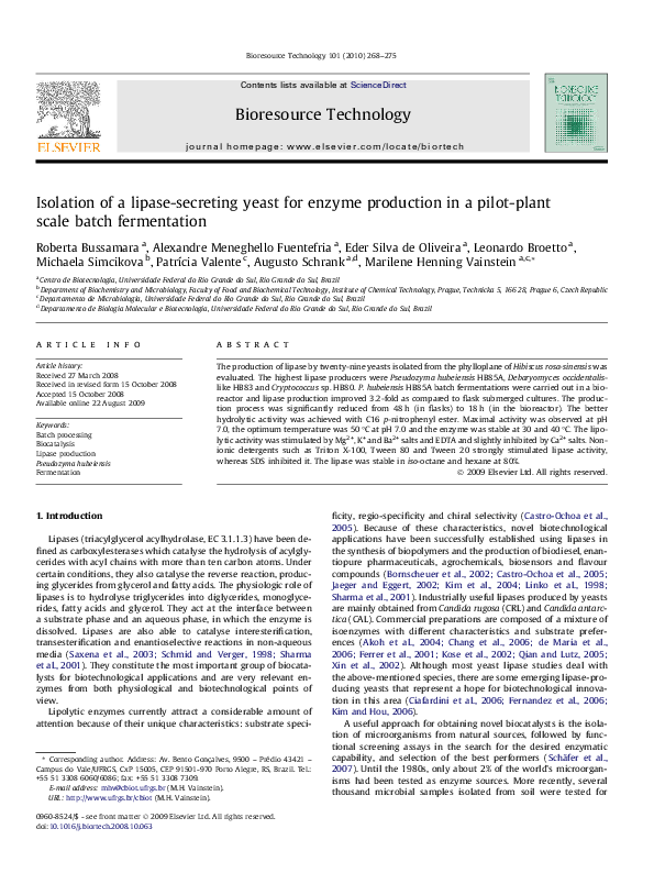 (PDF) Isolation of a lipase-secreting yeast for enzyme production in a pilot-plant scale batch ...