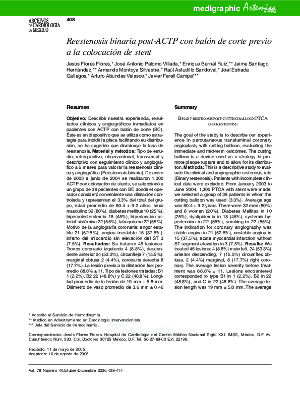 (PDF) [Binary restenosis post-cutting balloon ptca before stenting]