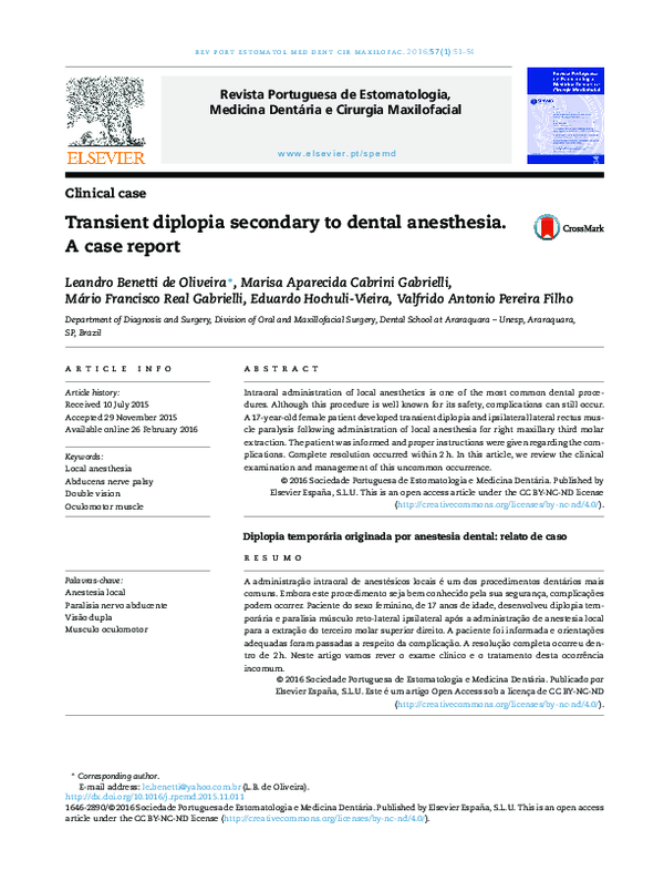 (PDF) Transient diplopia secondary to dental anesthesia. A case report