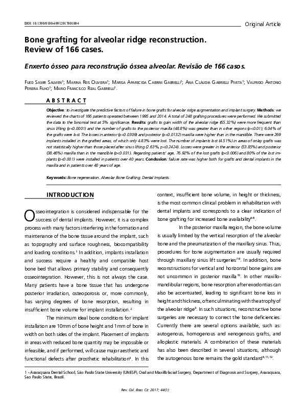 (PDF) Bone grafting for alveolar ridge reconstruction. Review of 166 cases
