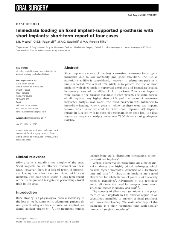 (PDF) Immediate loading on fixed implant-supported prosthesis with short implants: short-term ...