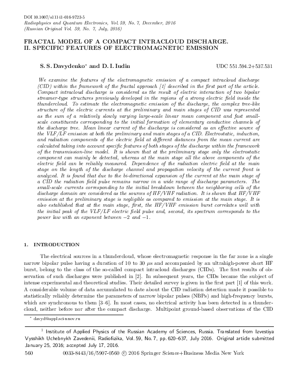 (PDF) Fractal Model of a Compact Intracloud Discharge. I. Features of ...