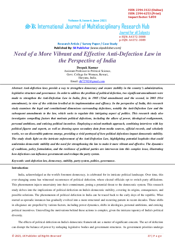 (PDF) Need of a More Vibrant and Effective Anti-Defection Law in the ...