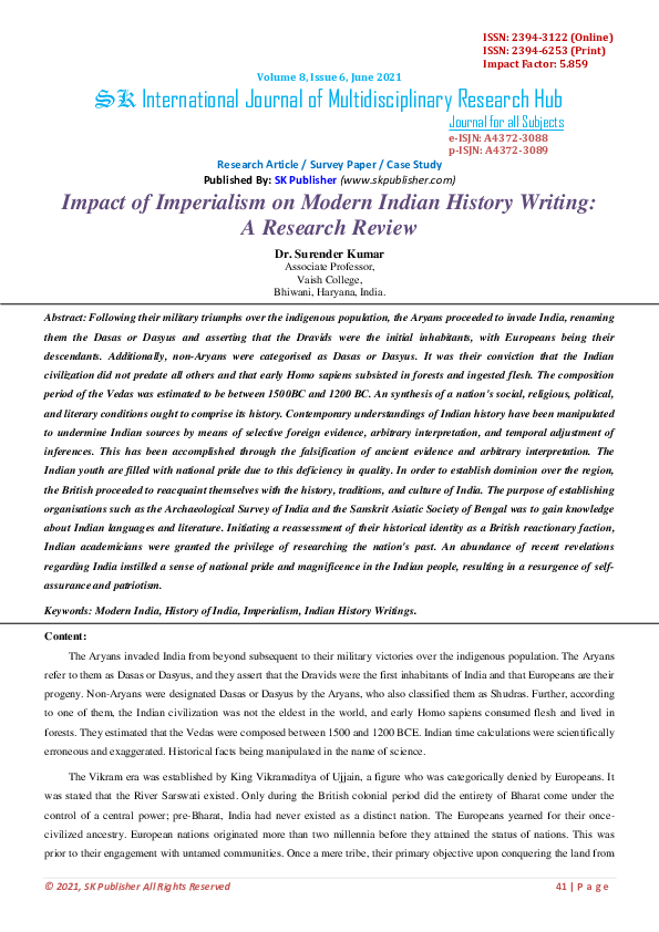 (PDF) Impact of Imperialism on Modern Indian History Writing: A ...
