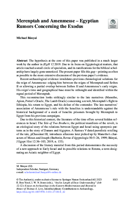 (PDF) Merenptah and Amenmesse -Egyptian Rumors Concerning the Exodus