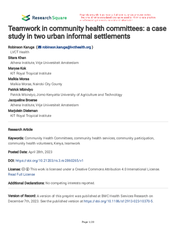 (PDF) Teamwork in community health committees: a case study in two ...
