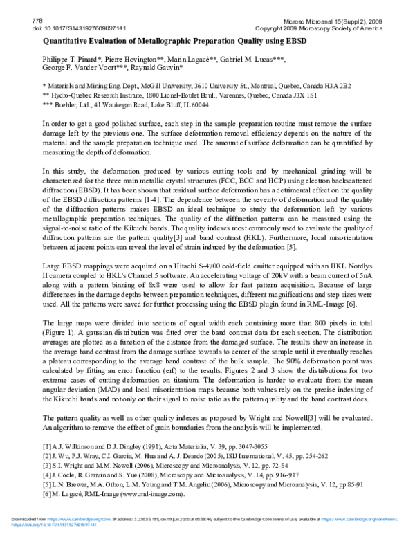 (PDF) Quantitative Evaluation of Metallographic Preparation Quality using EBSD