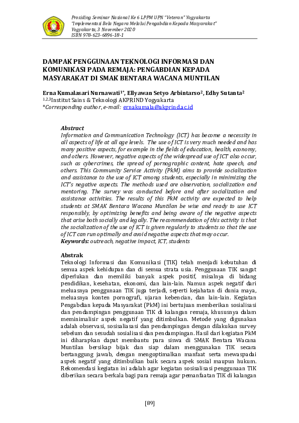 (PDF) Dampak Penggunaan Teknologi Informasi Dan Komunikasi Pada Remaja: Pengabdian Kepada ...