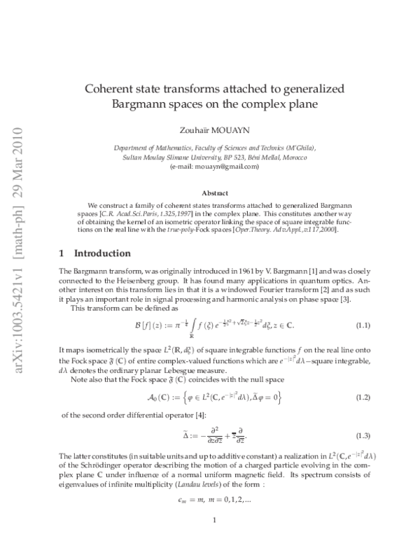 (PDF) Coherent state transforms attached to generalized Bargmann spaces on the complex plane