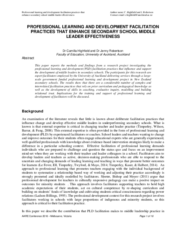 (PDF) Professional Learning and Development Facilitation Practices That Enhance Secondary School ...
