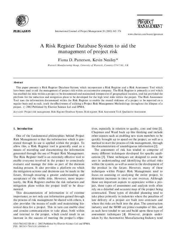 (PDF) A Risk Register Database System to aid the management of project risk