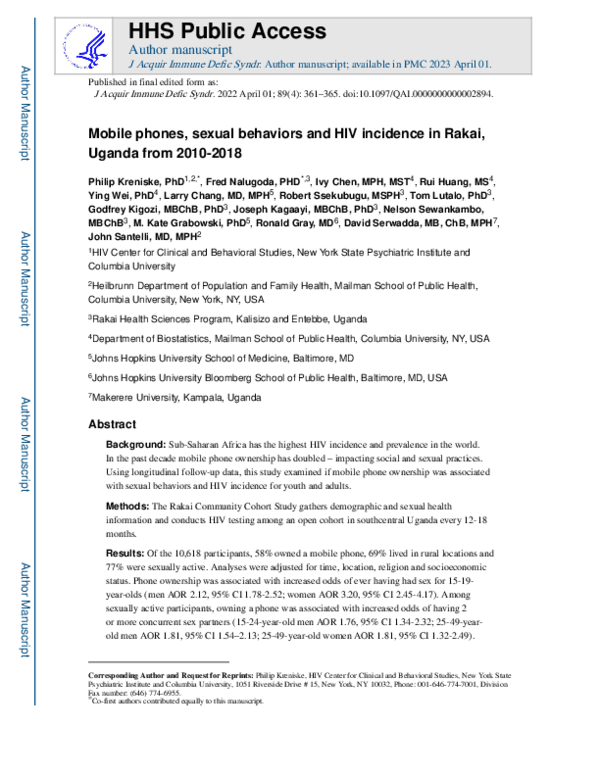(PDF) Brief Report: Mobile Phones, Sexual Behaviors, and HIV Incidence in Rakai, Uganda, From ...