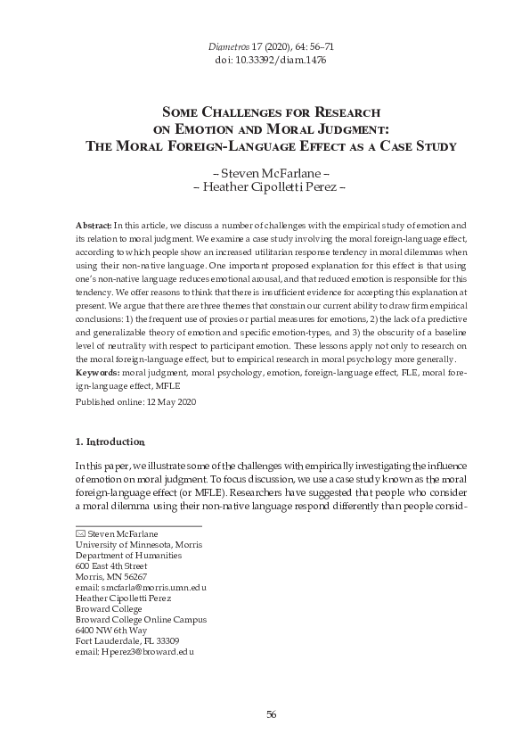 (PDF) Some Challenges for Research on Emotion and Moral Judgment: The ...