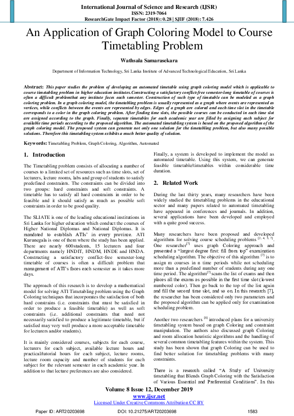 (PDF) An Application of Graph Coloring Model to Course Timetabling Problem