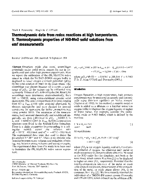 (PDF) Thermodynamic data from redox reactions at high temperatures. V. Thermodynamic properties ...