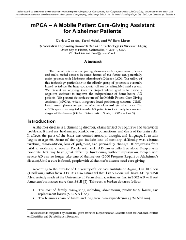 (PDF) mPCA – A Mobile Patient Care-Giving Assistant for Alzheimer Patients