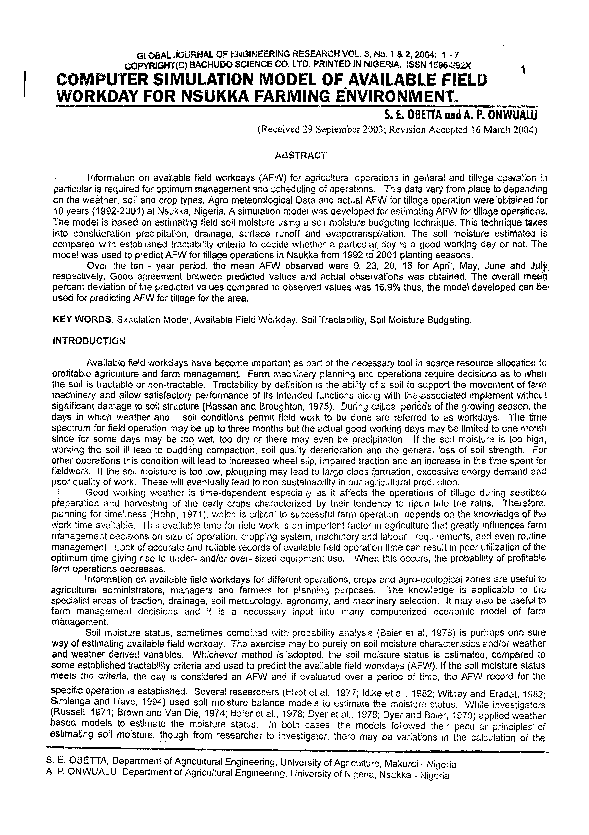 (PDF) Computer Simulation Model Of Available Field Workday For Nsukka Farming Environment ...