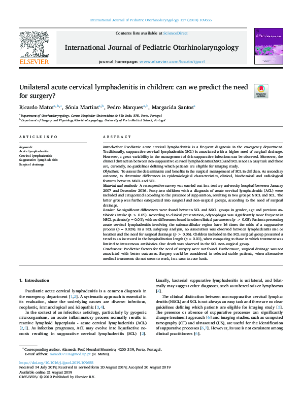 (PDF) Unilateral Acute Cervical Lymphadenitis in Children: can we ...