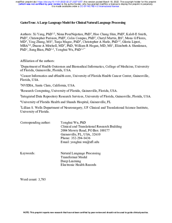 (PDF) GatorTron: A Large Clinical Language Model to Unlock Patient ...