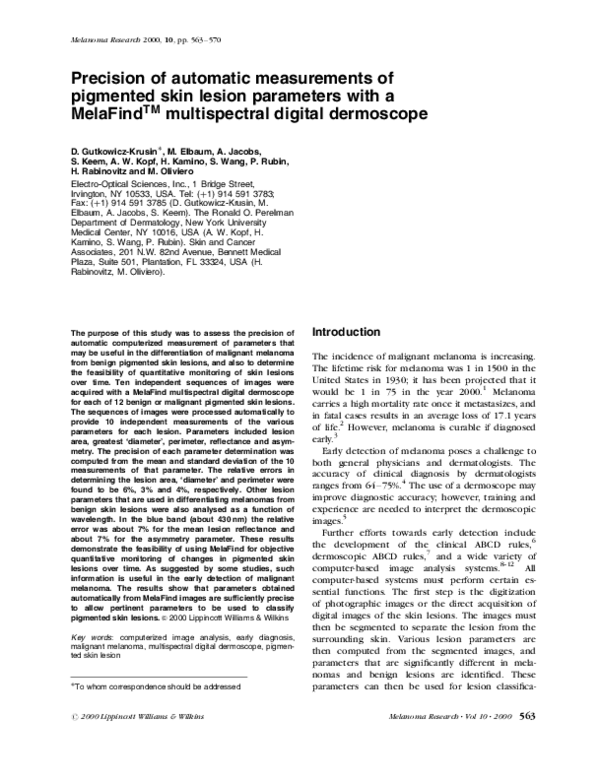 (PDF) Precision of automatic measurements of pigmented skin lesion parameters with a MelaFindTM ...