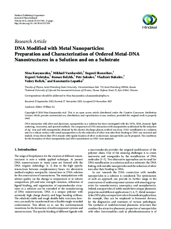 (PDF) DNA Modified with Metal Nanoparticles: Preparation and Characterization of Ordered Metal ...
