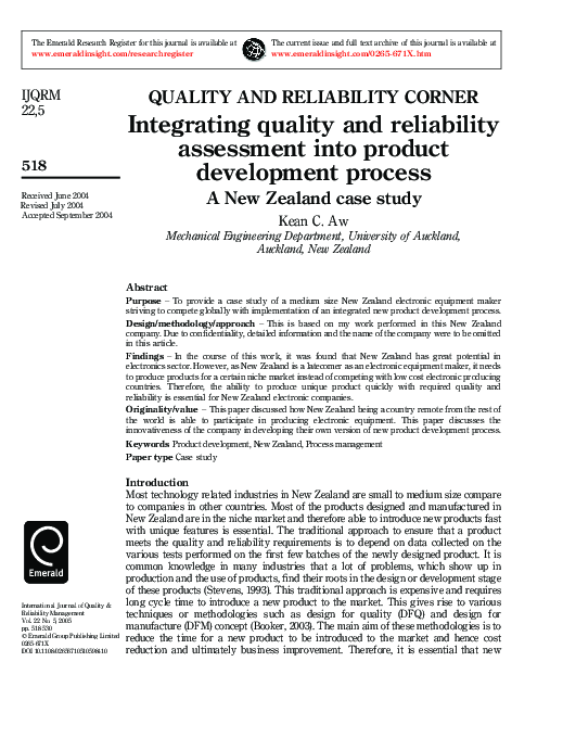 (PDF) Integrating quality and reliability assessment into product development process