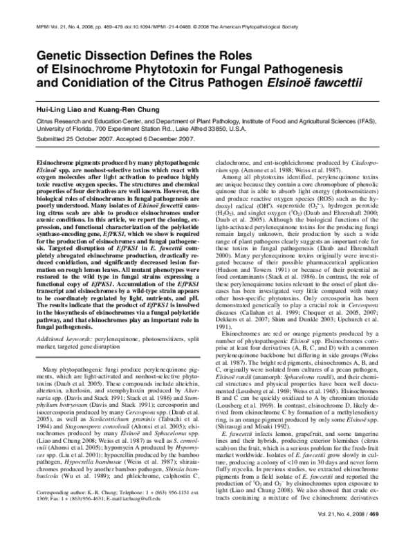 (PDF) Genetic Dissection Defines the Roles of Elsinochrome Phytotoxin ...