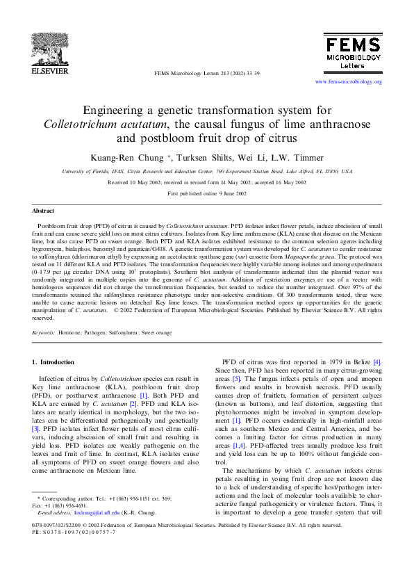 (PDF) Engineering a genetic transformation system forColletotrichum ...