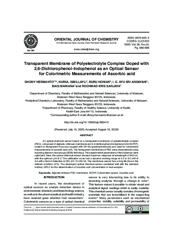 (PDF) Transparent Membrane of Polyelectrolyte Complex Doped with 2,6 ...