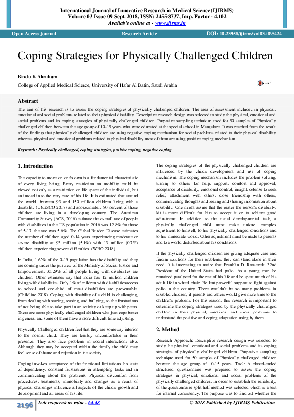 (PDF) Coping Strategies for Physically Challenged Children