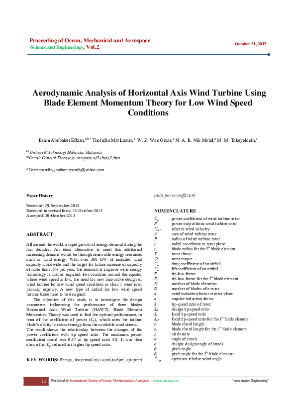 (PDF) Aerodynamic analysis of horizontal axis wind turbine using blade element momentum theory ...