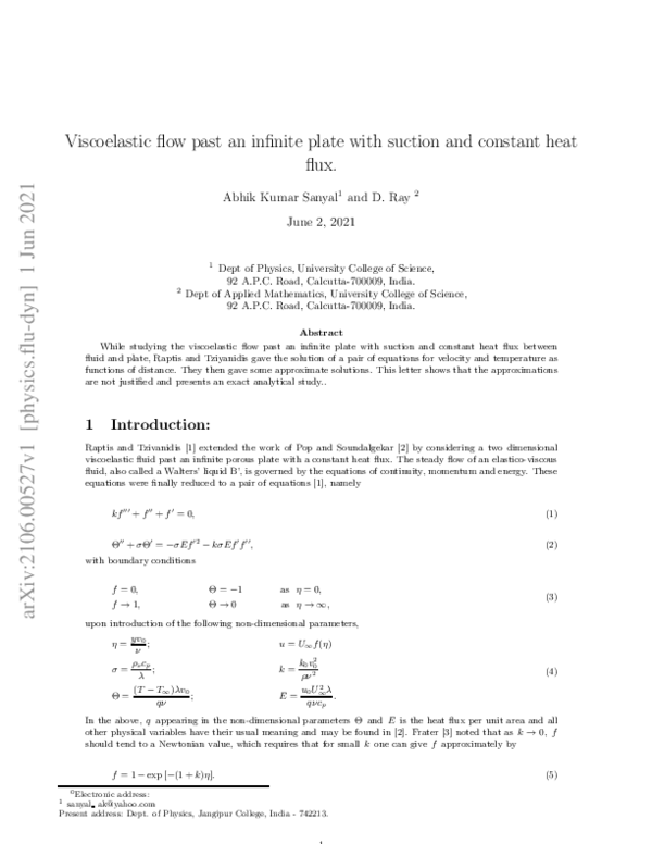(PDF) Viscoelastic flow past an infinite plate with suction and constant heat flux